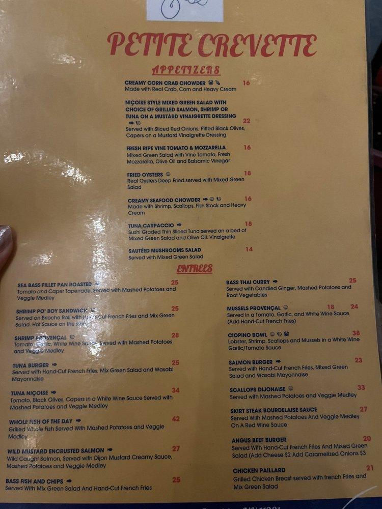 Menu at Petite Crevette restaurant, New York City, 144 Union St