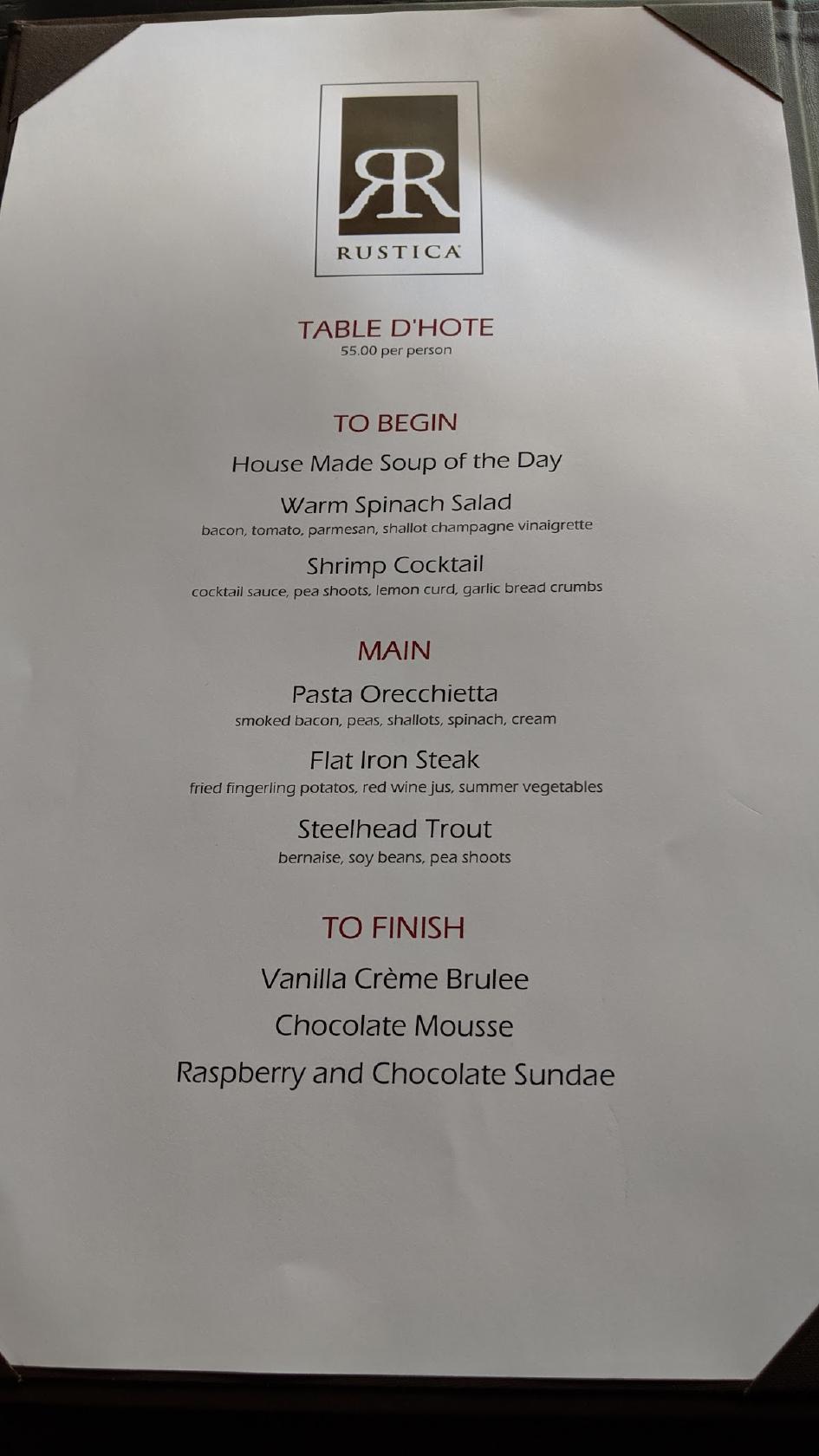 Menu at Rustica Steakhouse, Canmore