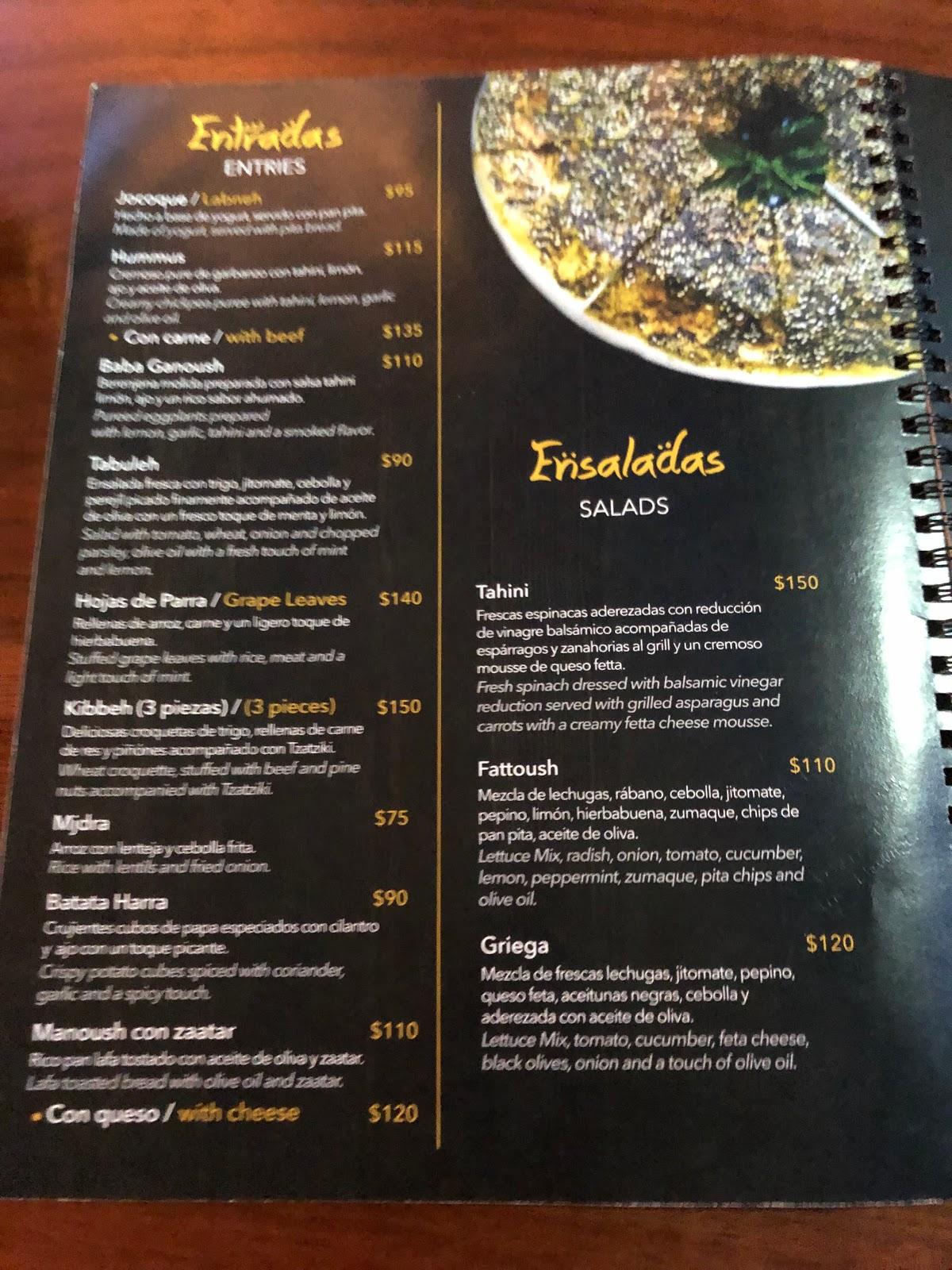 Menu at Tahini restaurant, Playa del Carmen