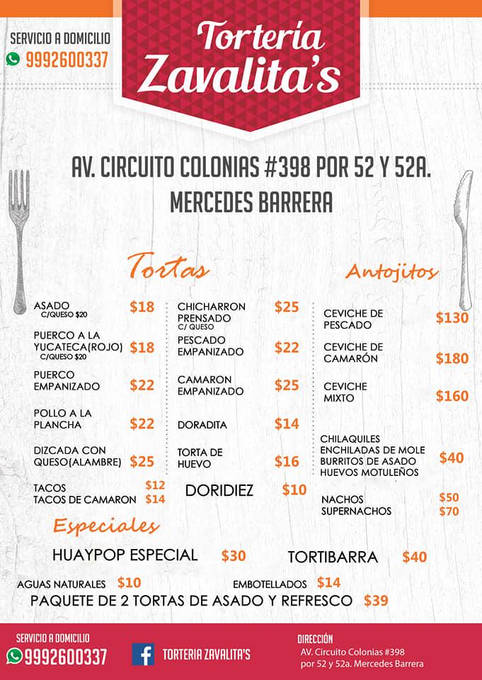 Menu at Torteria Zavalita's restaurant, Merida