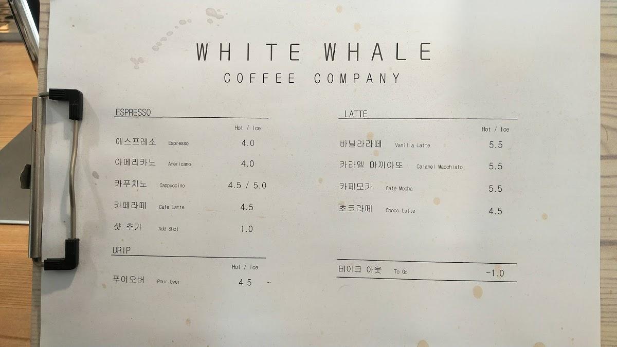 Menu at WHITEWHALE cafe, Seoul