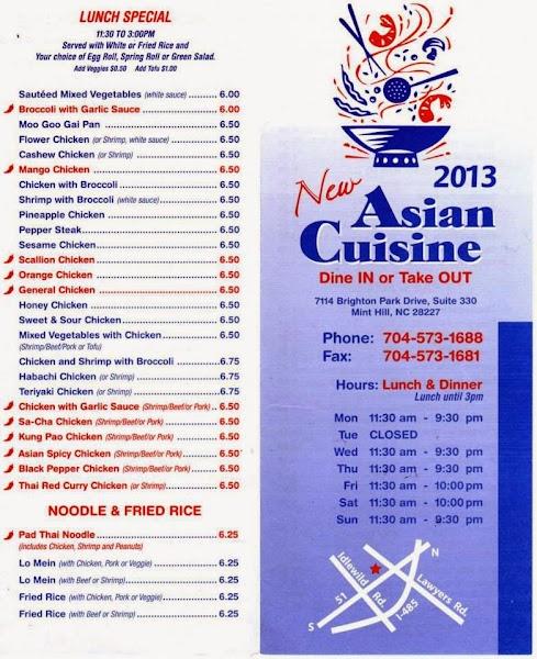 Menu at New Asian Cuisine restaurant, Mint Hill