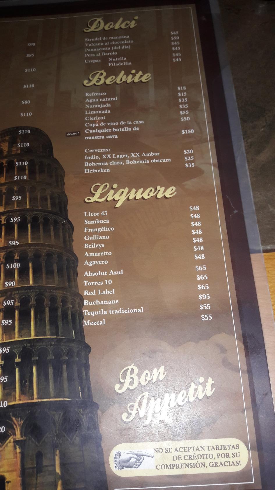 Menu at Pisa Pizza pizzeria, Oaxaca, Miguel Hidalgo 111B