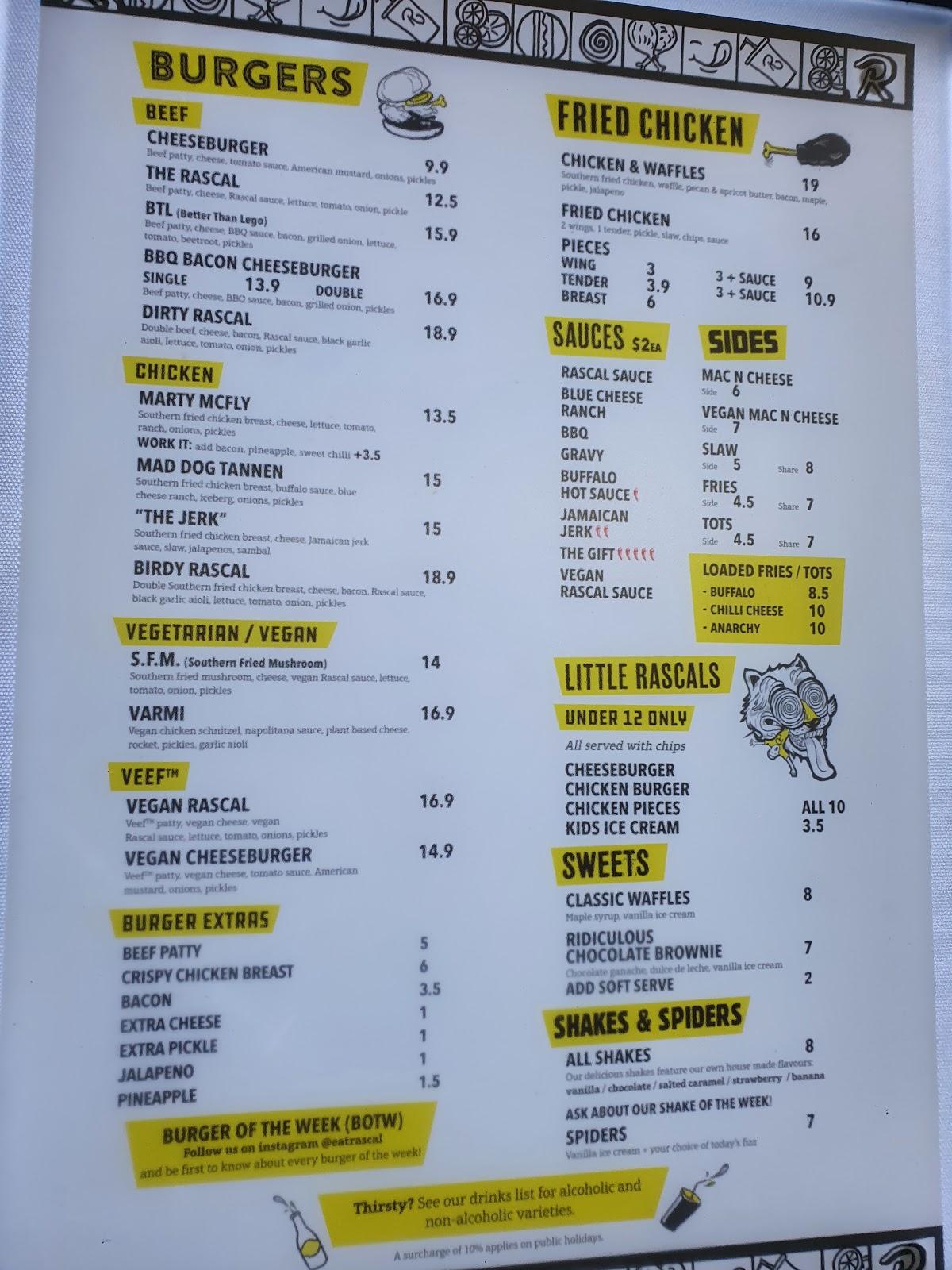 Menu at Rascal restaurant, Charlestown