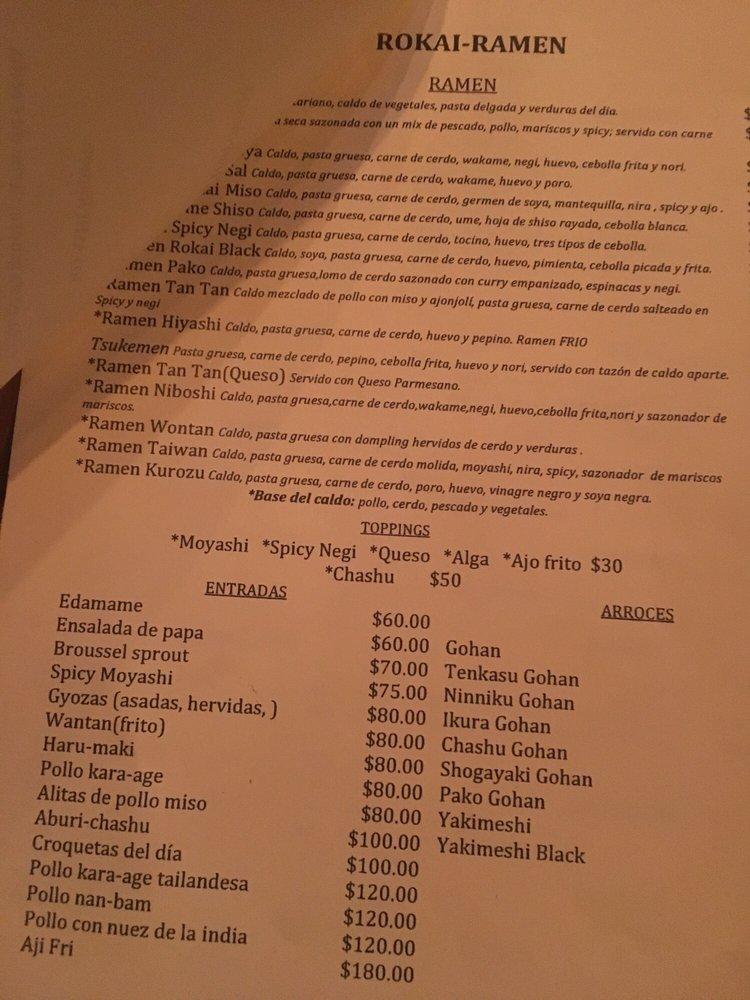 Menu at Rokai Ramen-Ya restaurant, Mexico City