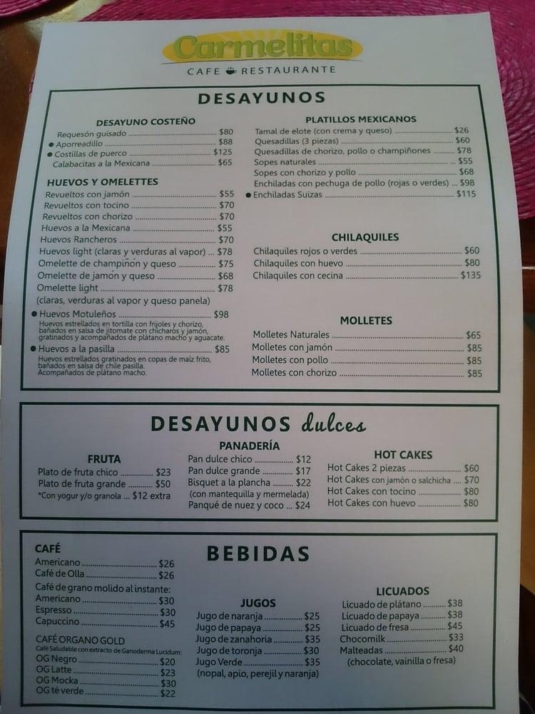 Menu at Carmelitas Café, Zihuatanejo, Avenida