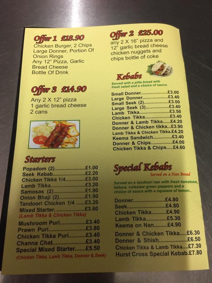 Menu at Hurst Cross Tandoori fast food, Ashton-under-Lyne