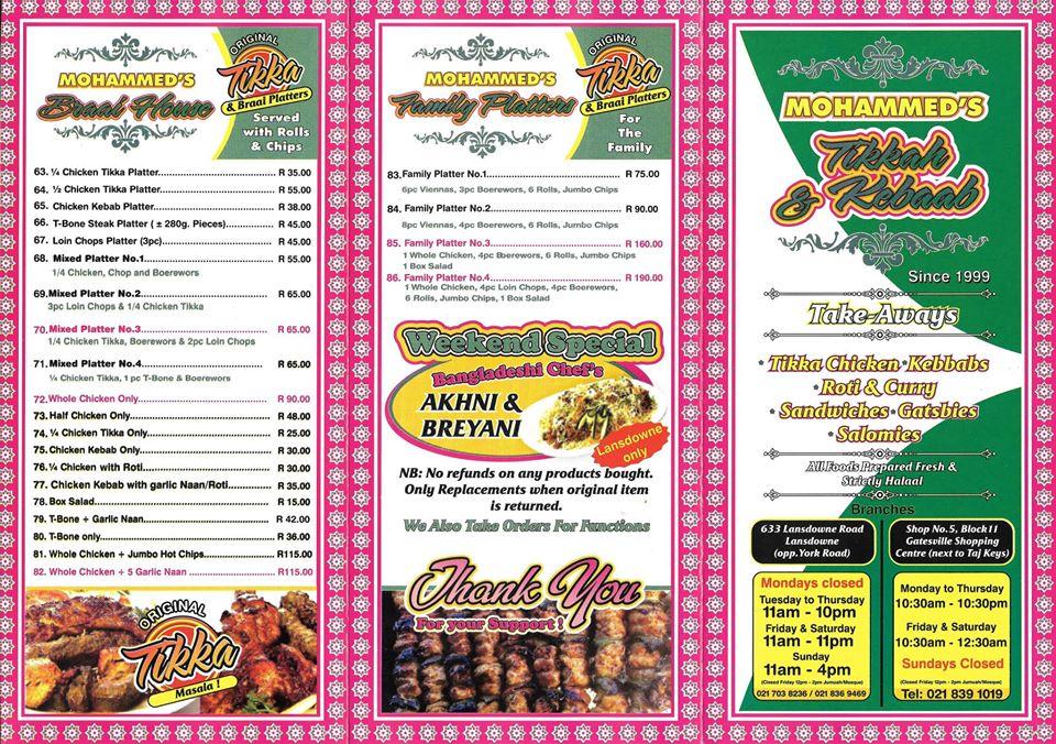 Menu at Mohammad's Tikka Kebab restaurant, Cape Town