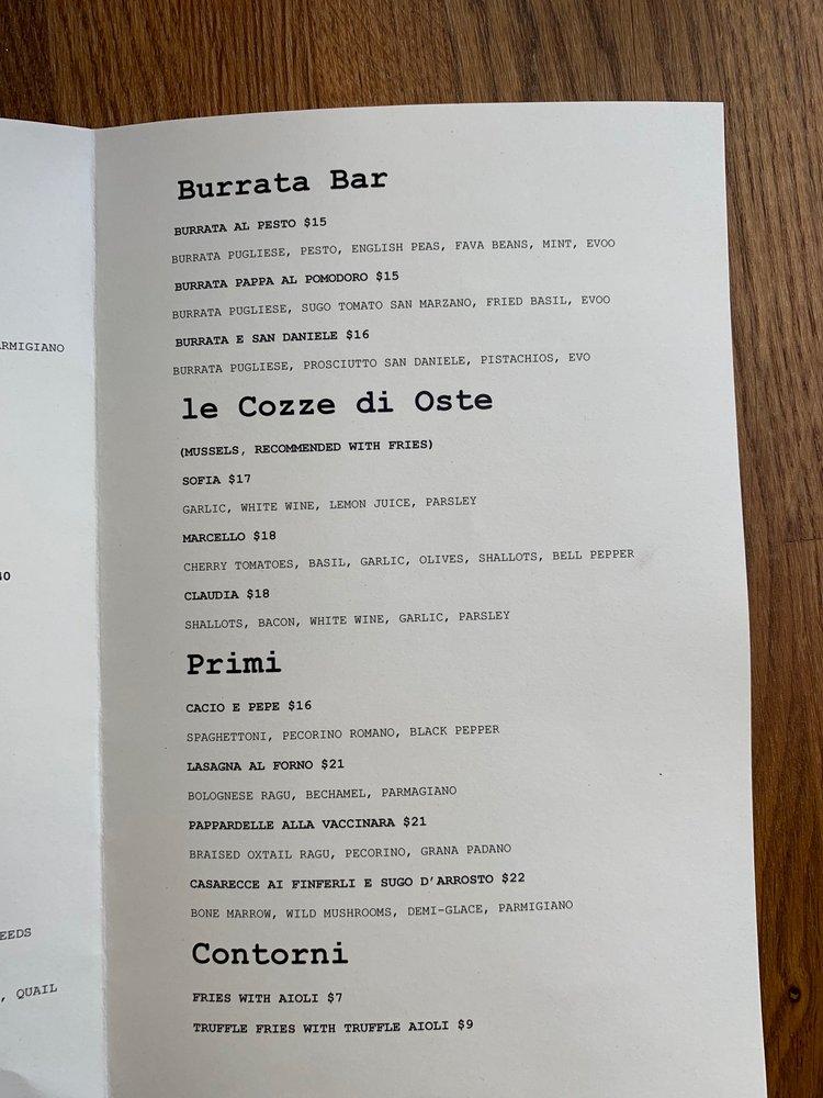 Menu at Oste pizzeria, Los Angeles