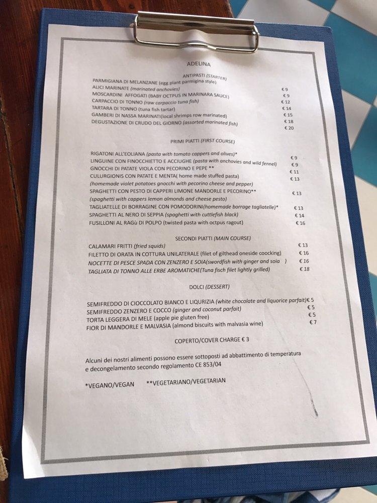 Menu at Ristorante Adelina, Panarea