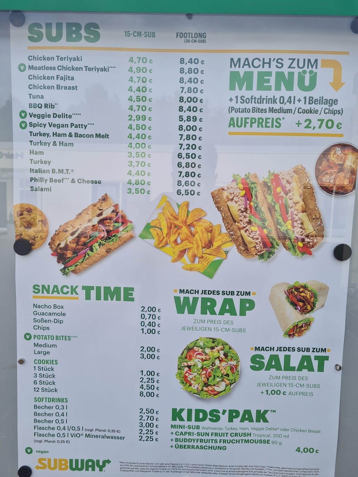 Speisekarte von Subway-Restaurant, Bexbach