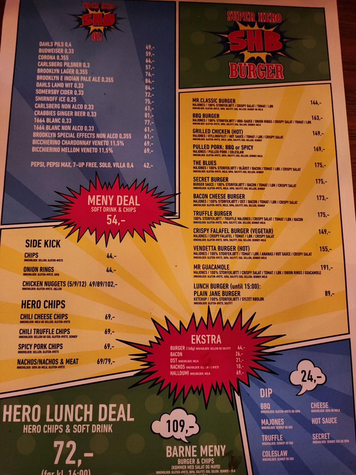 Menu at Super Hero Burger restaurant, Trondheim