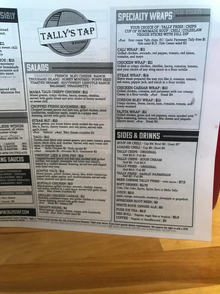 Menu at Tally's Tap & Eatery restaurant, Waukesha