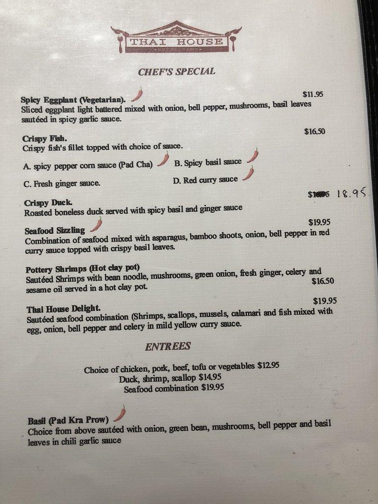 Menu at Thai House restaurant, Cameron Park