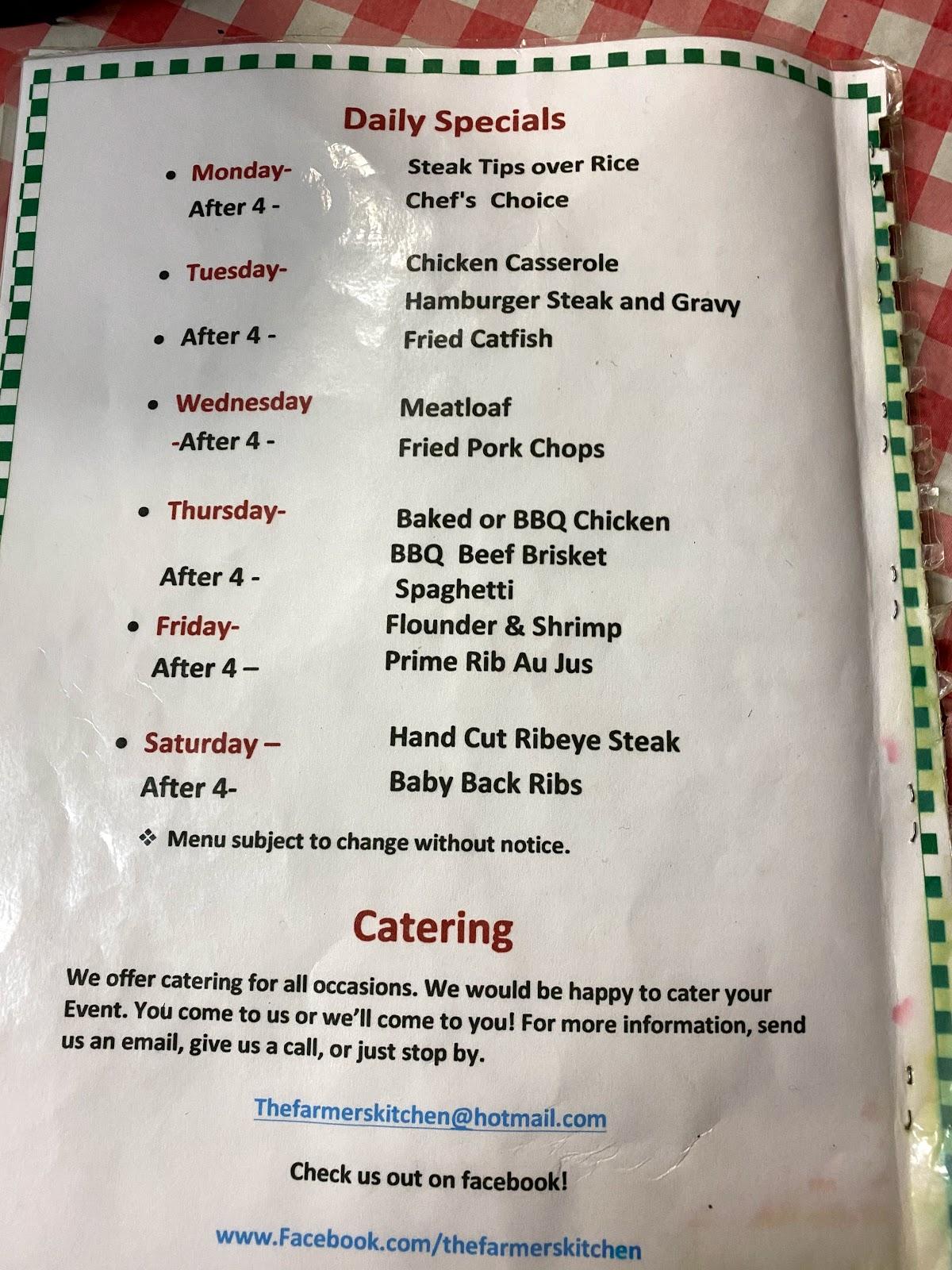 Menu at The Farmer's Kitchen restaurant, Bunn