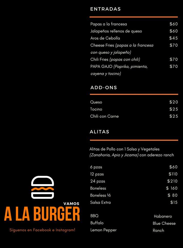 Menu at Vamos a la burger restaurant, Santiago de Querétaro