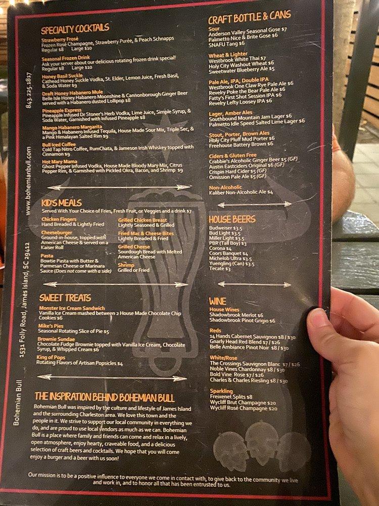 Menu at Bohemian Bull restaurant, Charleston