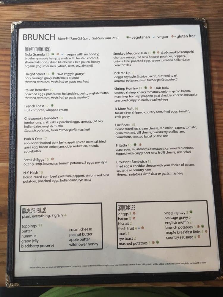 Menu at Cafe Nola, Frederick