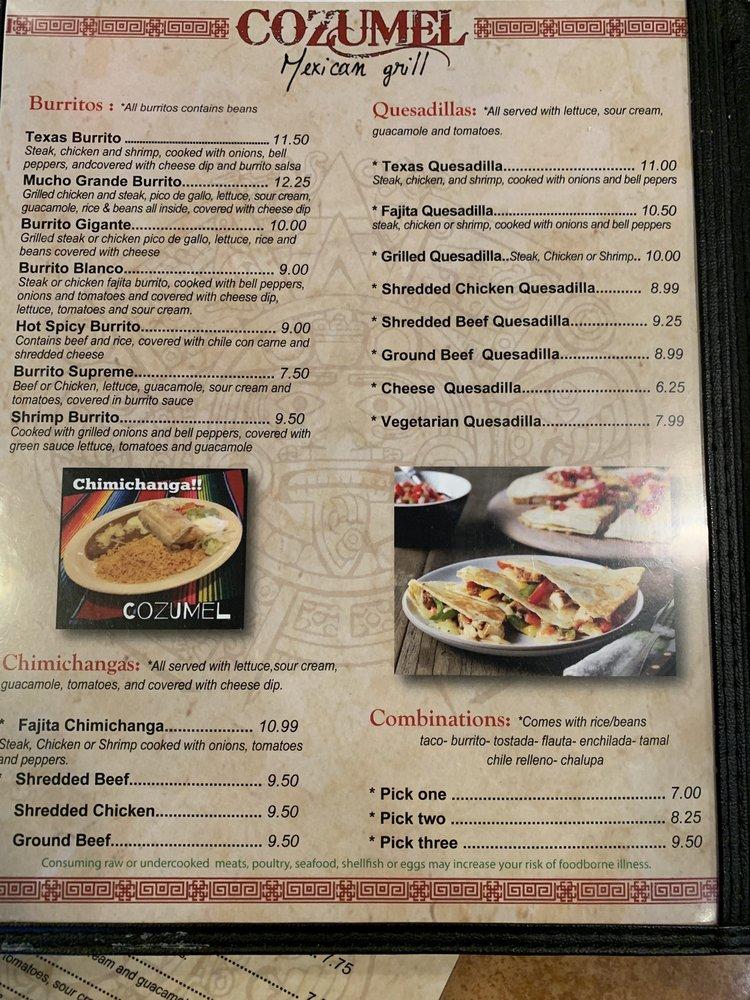 Menu at Cozumel Mexican Grill restaurant, Loxley