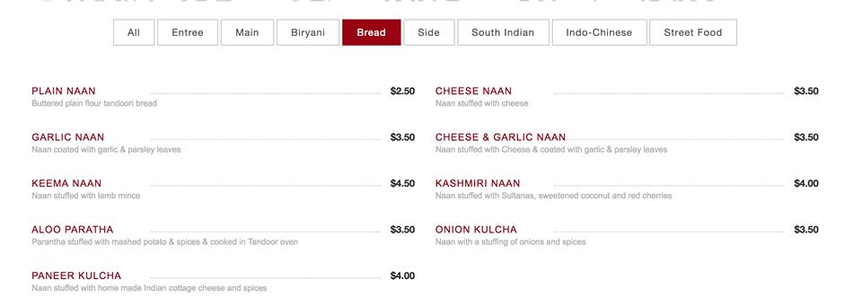 Menu at Curry Point restaurant, New Plymouth