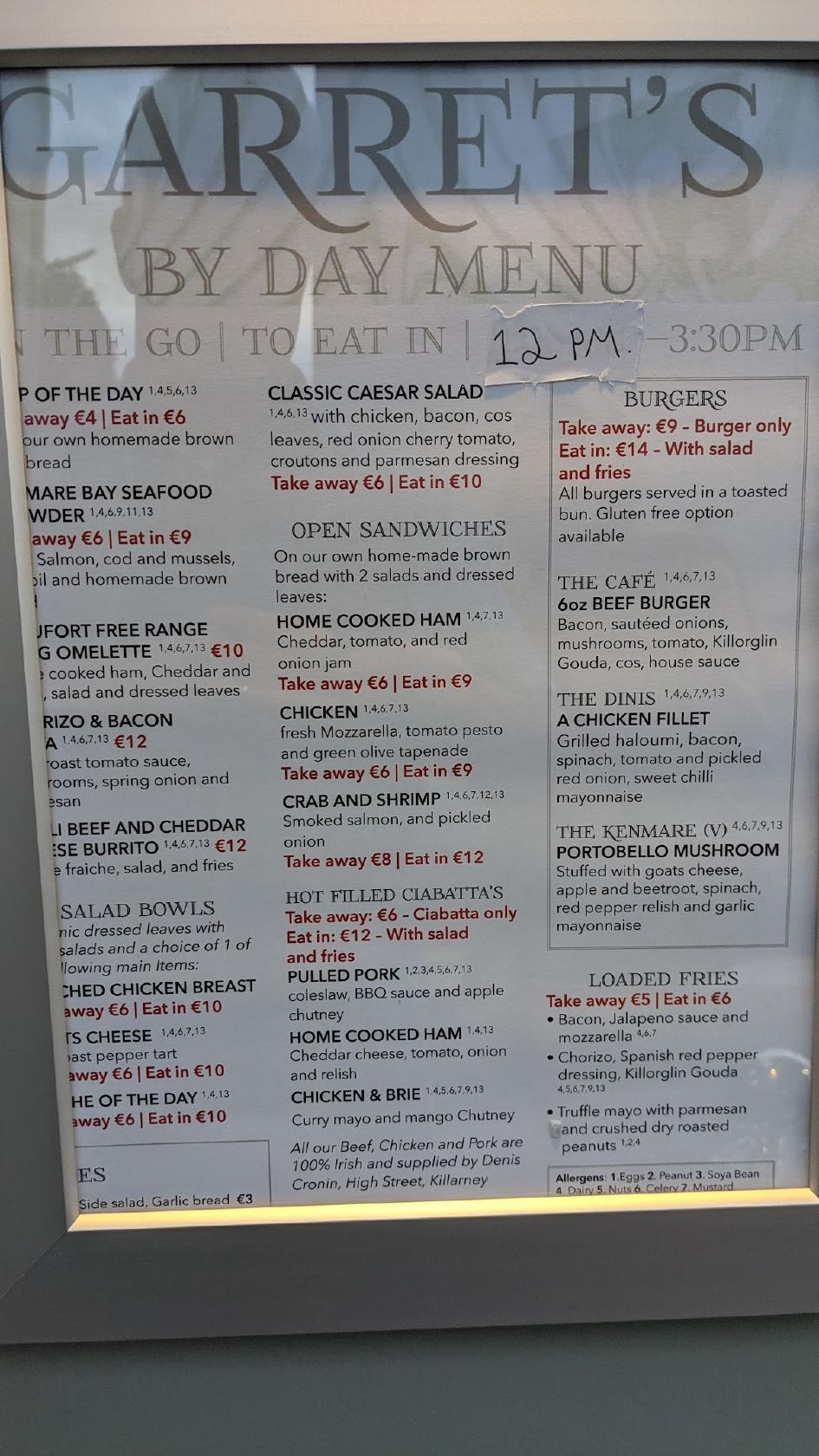 Menu at Garret’s restaurant, Killarney