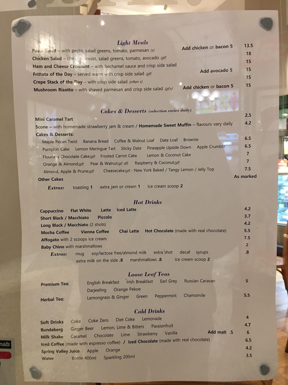 Menu at L's Espresso Cafe, Brisbane City