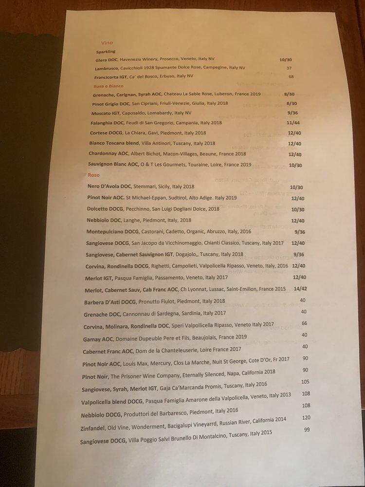 Menu at Mangione's on Main restaurant, Charlottesville