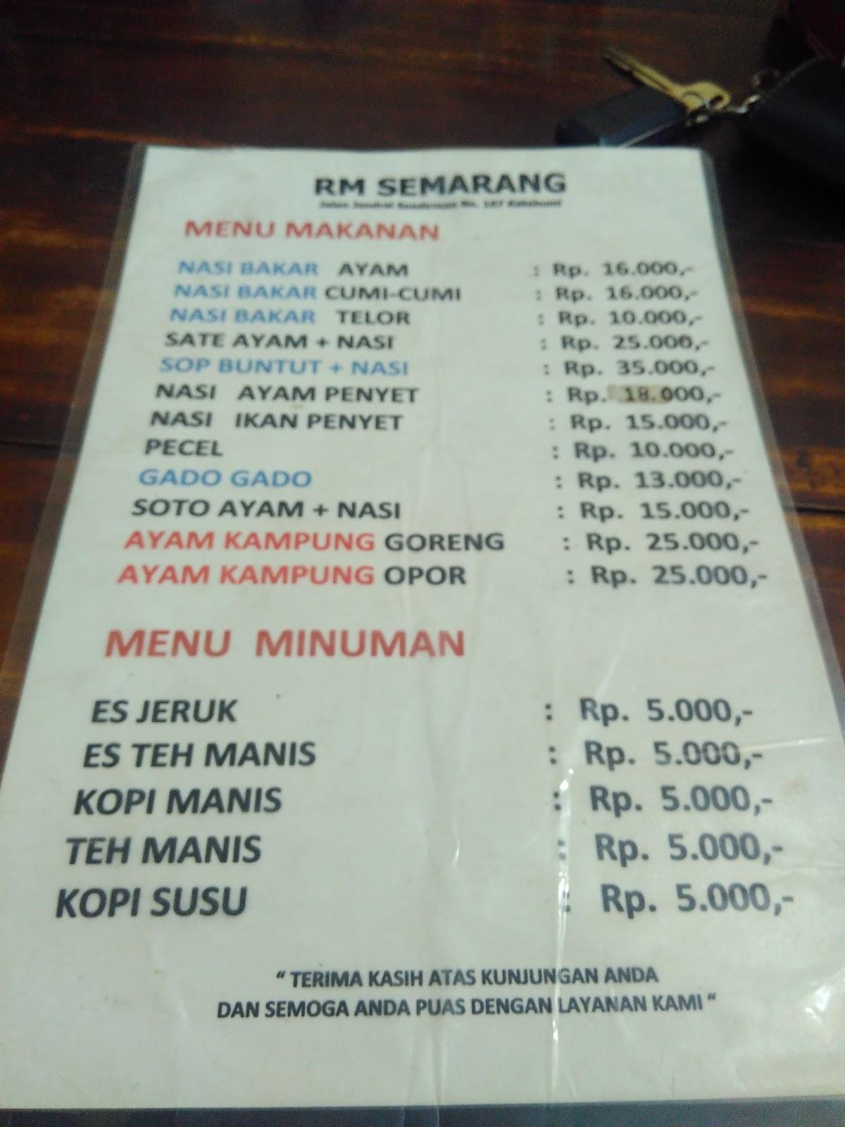 Menu at Rumah Makan Semarang restaurant, Kotabumi, 5VGJ+JP6