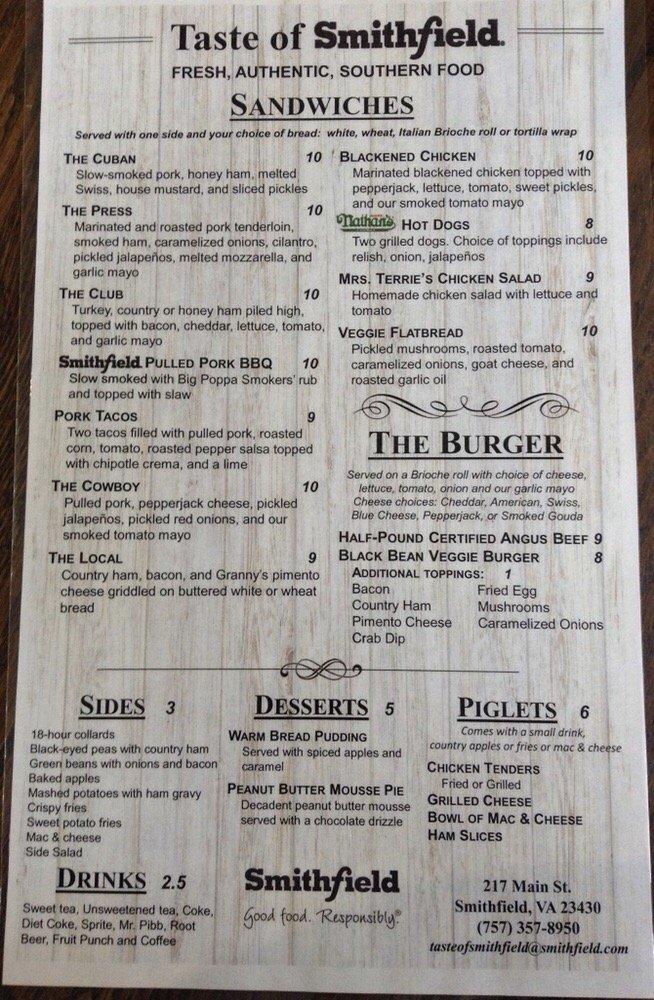 Carta de Taste of Smithfield Restaurant, Smithfield