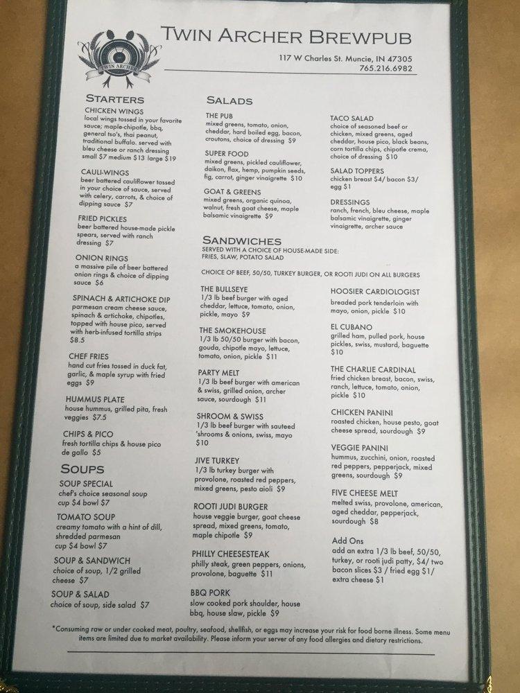 Menu at Twin Archer Brewpub, Muncie