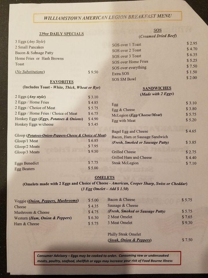 Menu at Williamstown American Legion Post 239 pub & bar, Williamstown