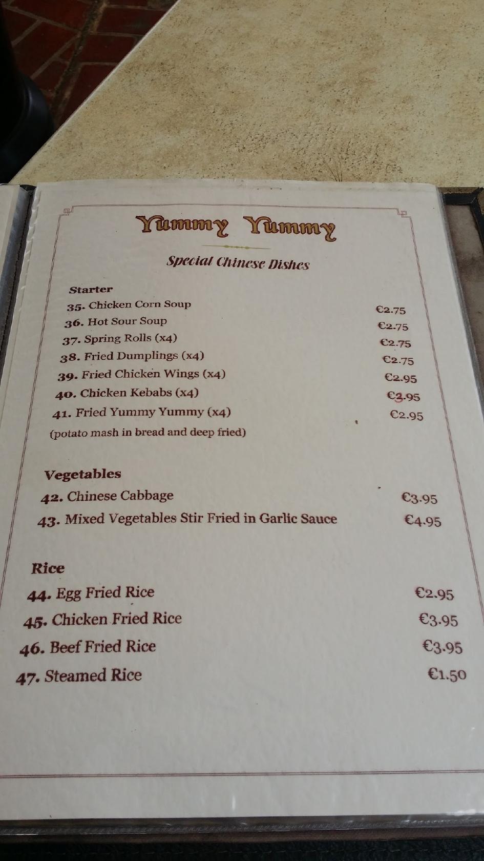 Menu at yummy yummy restaurant, Żebbuġ, Triq IL Menqa marsalforn Iż-Żebbuġ