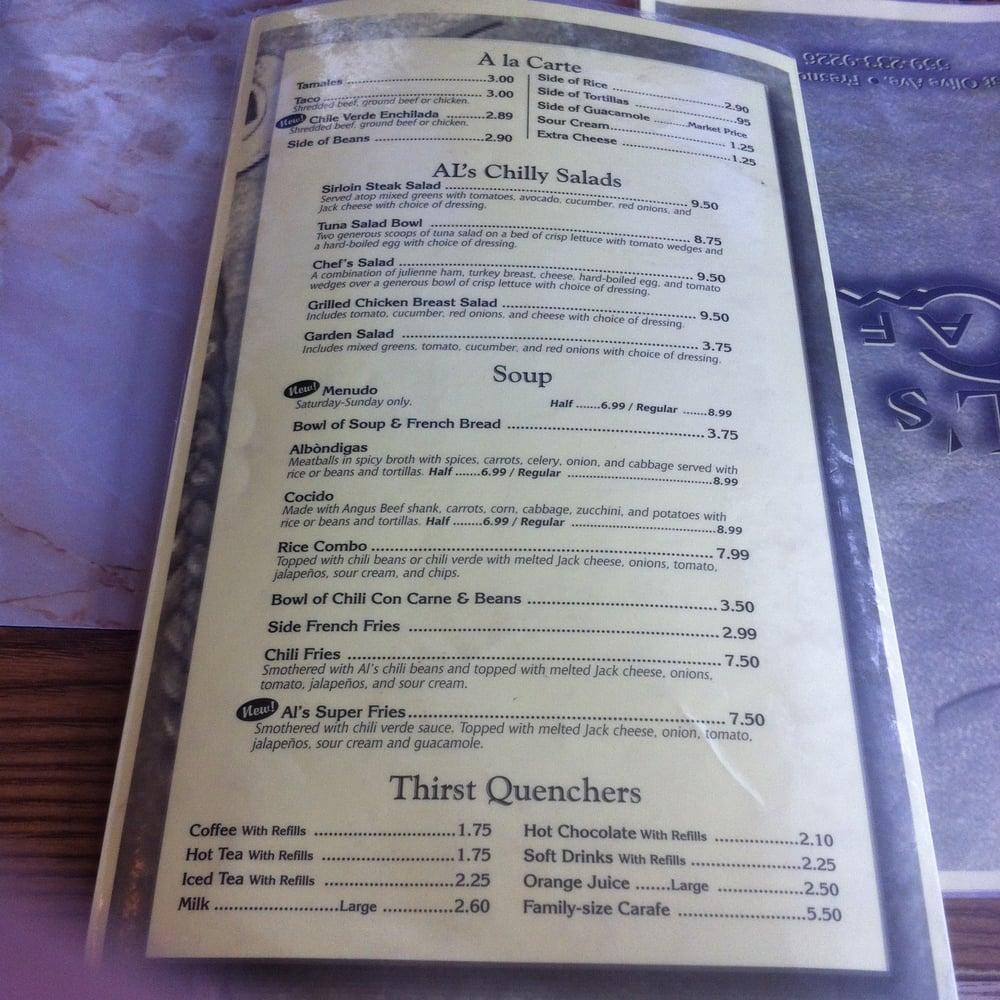 Menu at Al's Café restaurant, Fresno