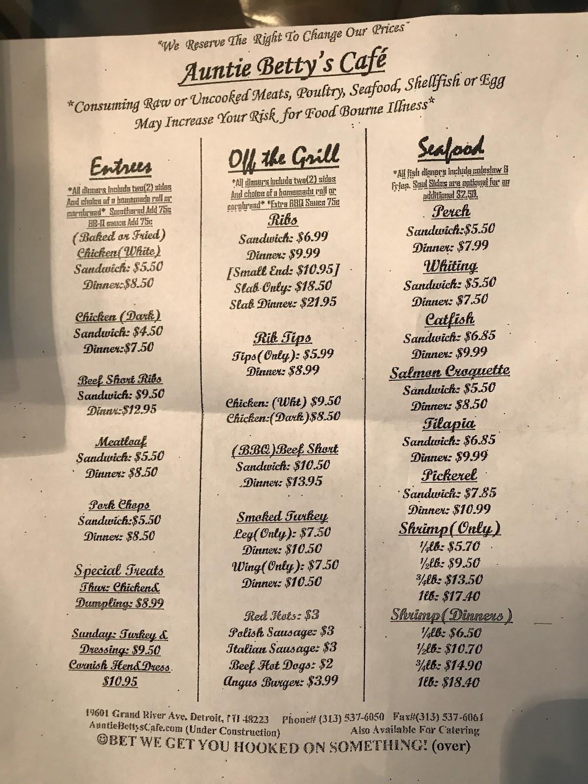 Menu at Auntie Betty's Cafe, Detroit