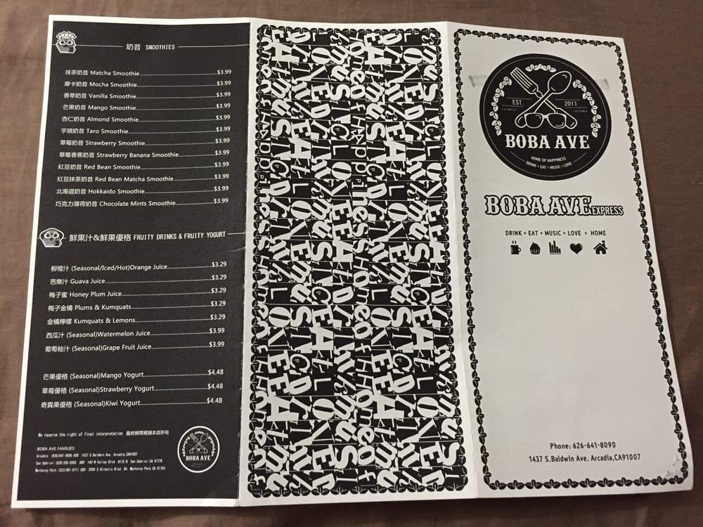 Menu at Boba Ave pub & bar, Arcadia