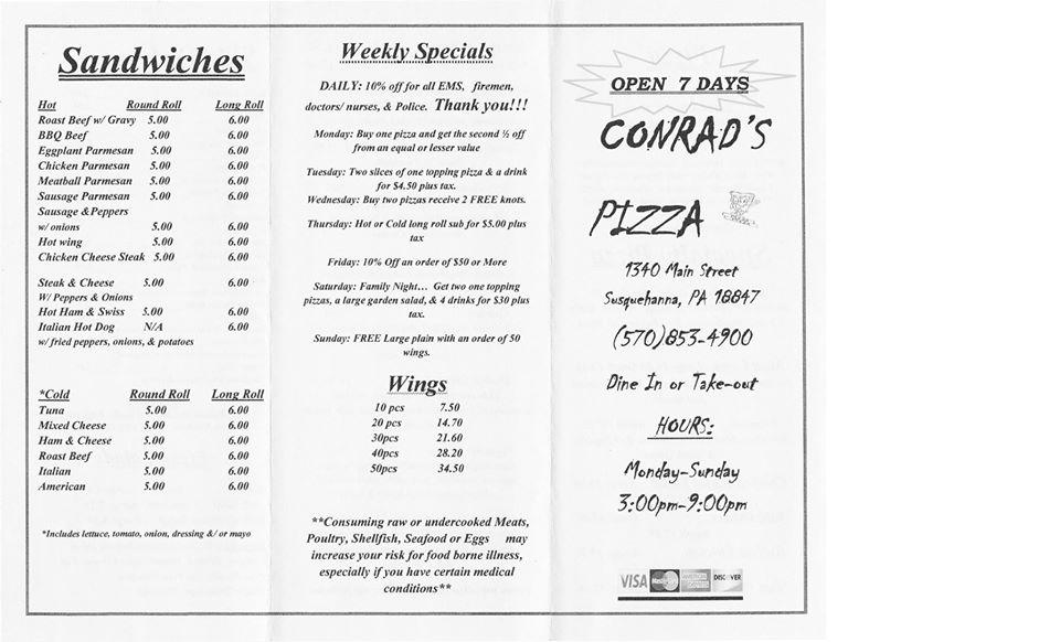 Menu at Conrad's Pizza pizzeria, Susquehanna