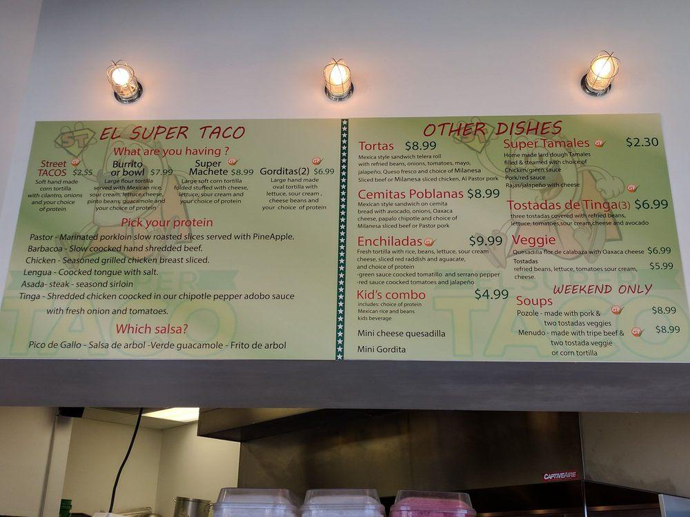 Menu at El Super Taco restaurant, Burnsville