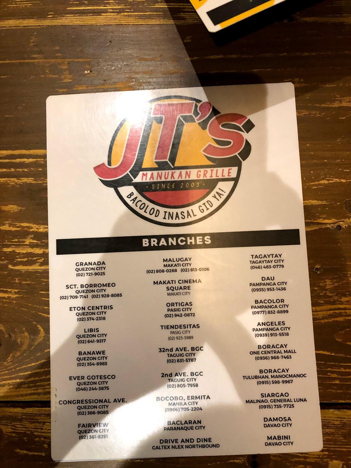 Menu at JT's Manukan Libis restaurant, Quezon City