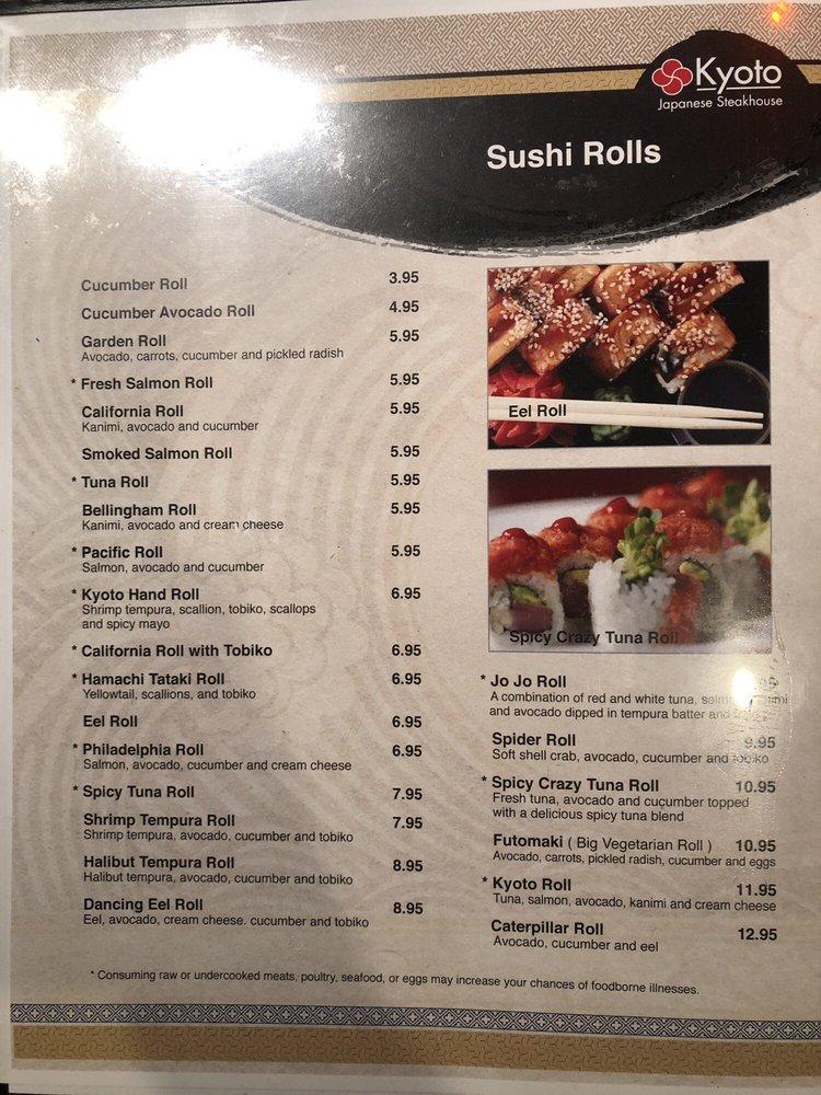Menu at Kyoto Japanese Steakhouse, Bellingham