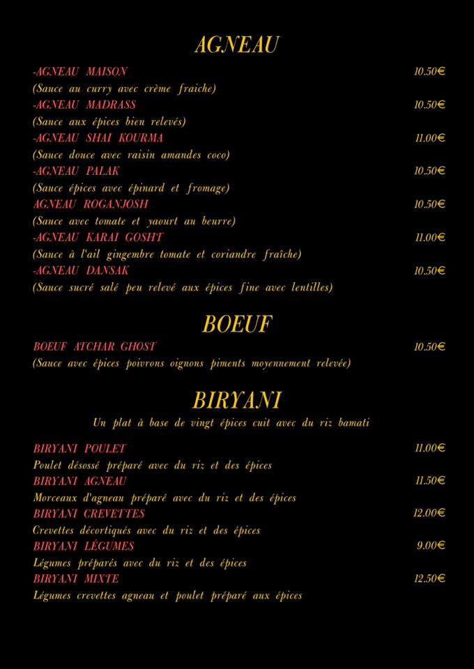 Menu at Le Palais de Indra restaurant, Narbonne