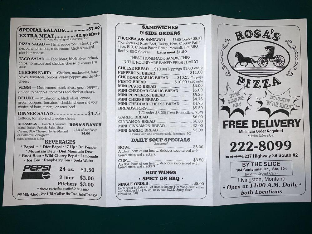 Menu at Rosa's Pizza pizzeria, Livingston, US-89