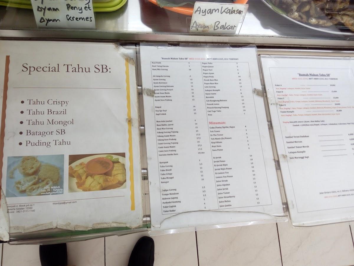 Menu at Rumah makan Tahu SB restaurant, South Jakarta