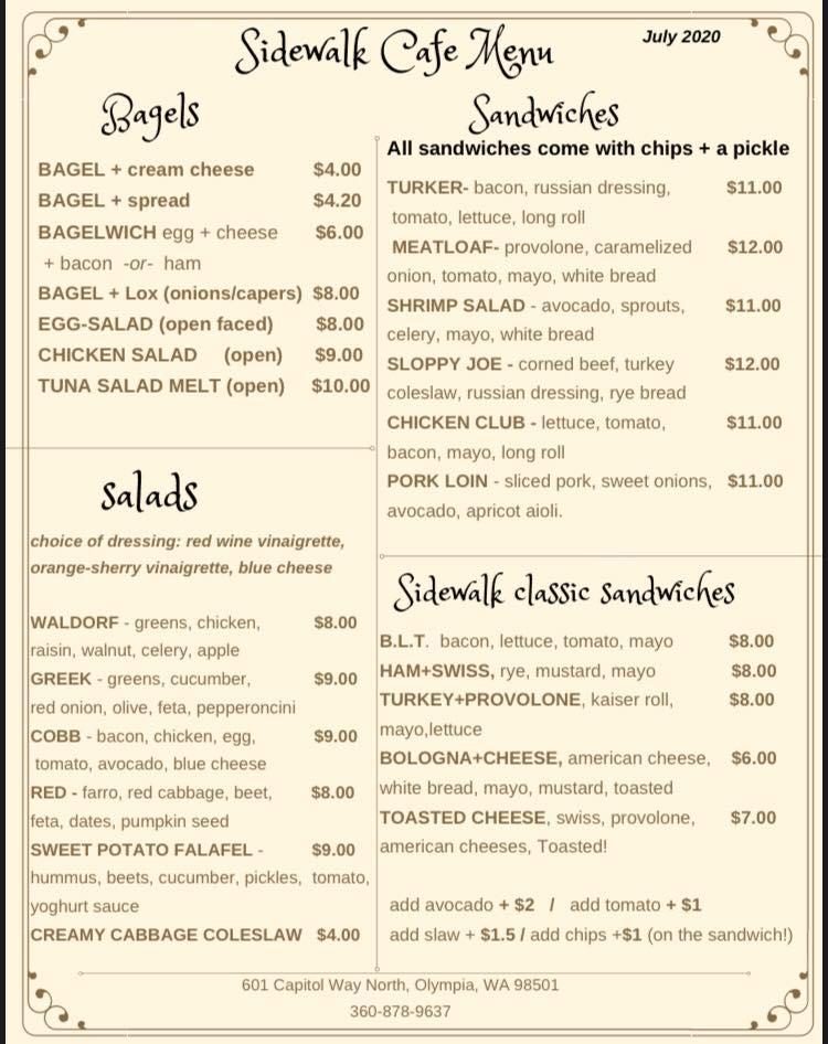 Menu at Sidewalk Cafe, Olympia