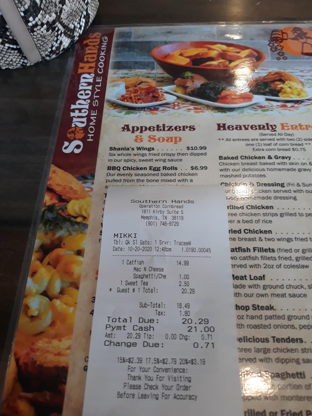 Menu at Southern hands 1811 Kirby- Memphis restaurant, Memphis, Kirby Pkwy