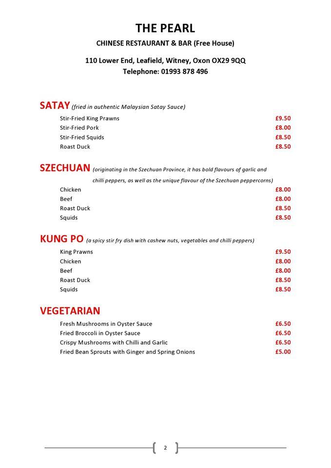 Menu at The Pearl restaurant, Leafield