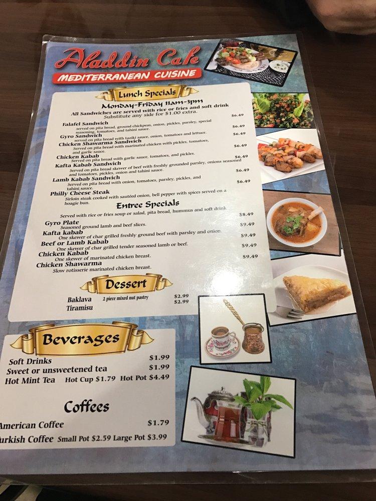 Menu at Aladdin Cafe, Crowley