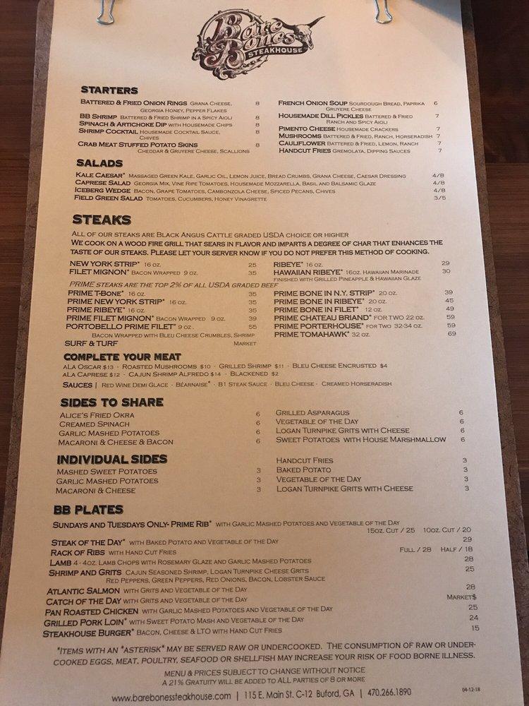 Menu at Bare Bones Steakhouse, Buford