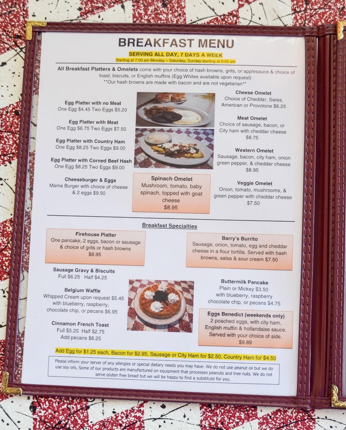 Menu at Barry's Cafe, Raleigh