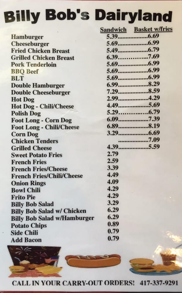 Menu at Billy Bob's Dairy Land restaurant, Branson, W 76 Country Blvd