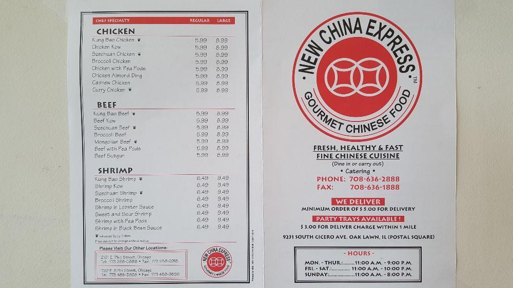 Menu at New China Express fast food, Oak Lawn, S Cicero Ave
